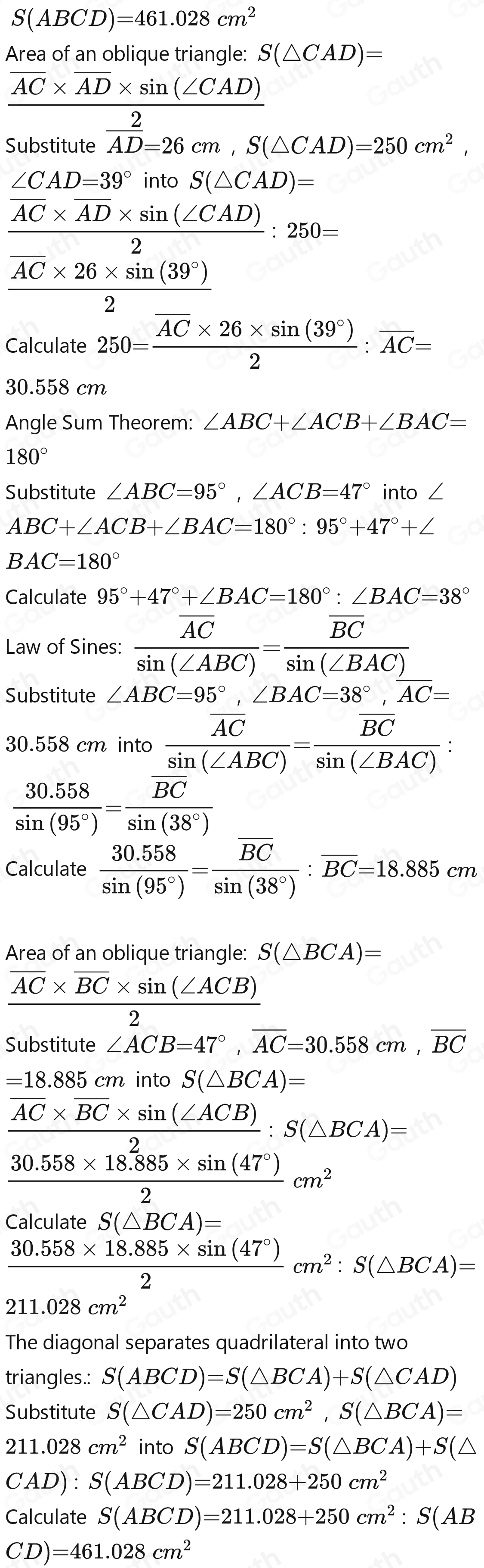 Solved: Q3. ABCD is a quadrilateral The area of triangle ACD is 250cm^2 ...