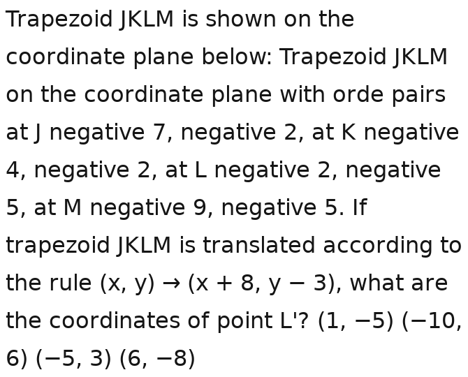 Solved: Trapezoid JKLM is shown on the coordinate plane below ...