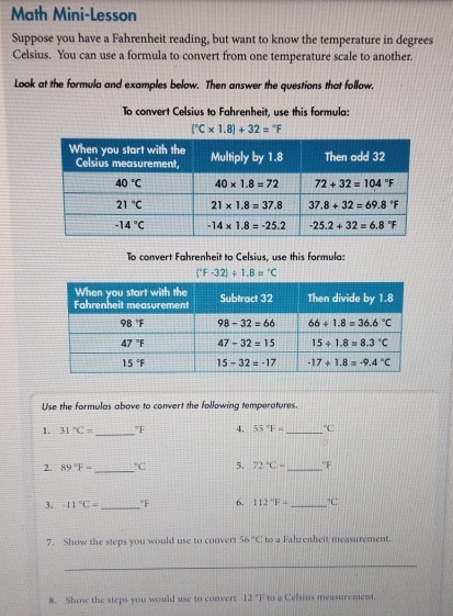 Solved: Math Mini-Lesson Suppose you have a Fahrenheit reading, but ...