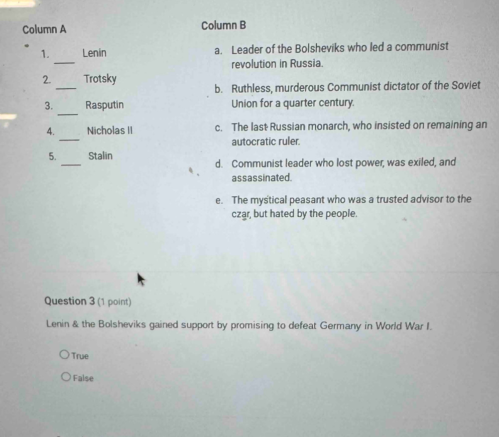 Solved: Column A Column B _ 1. Lenin a. Leader of the Bolsheviks who ...