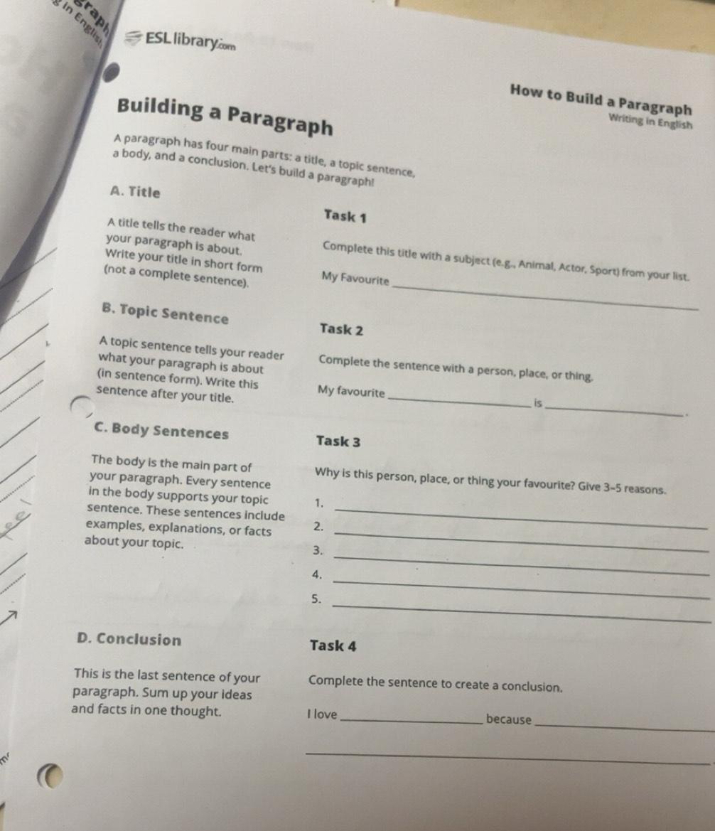 Solved: 2 º : in Englin ESL librarycom How to Build a Paragraph ...