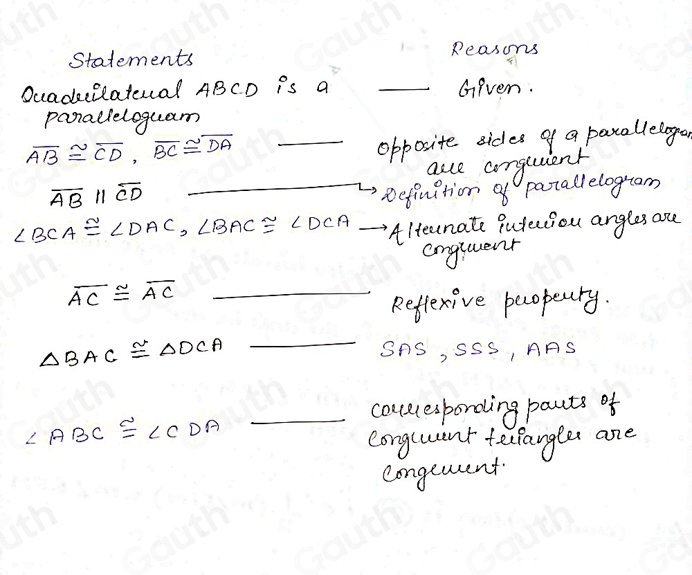 Solved: The figure shows parallelogram ABCD with diagonal overline AC. Complete the two column ...