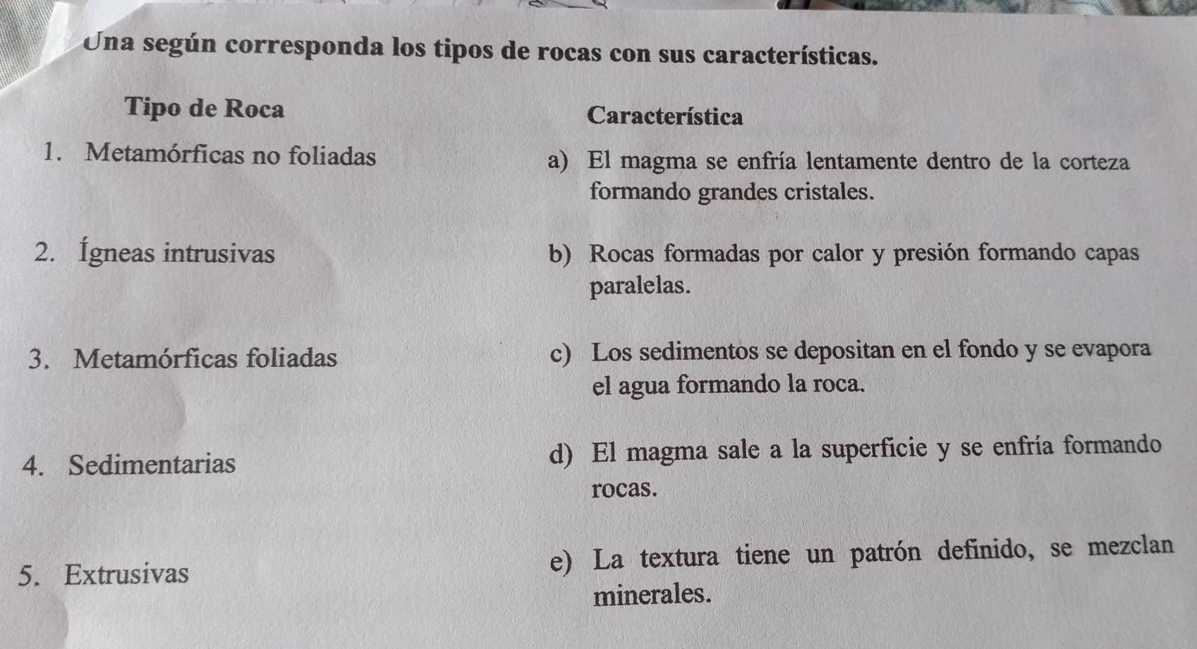 Resuelto:Una según corresponda los tipos de rocas con sus ...
