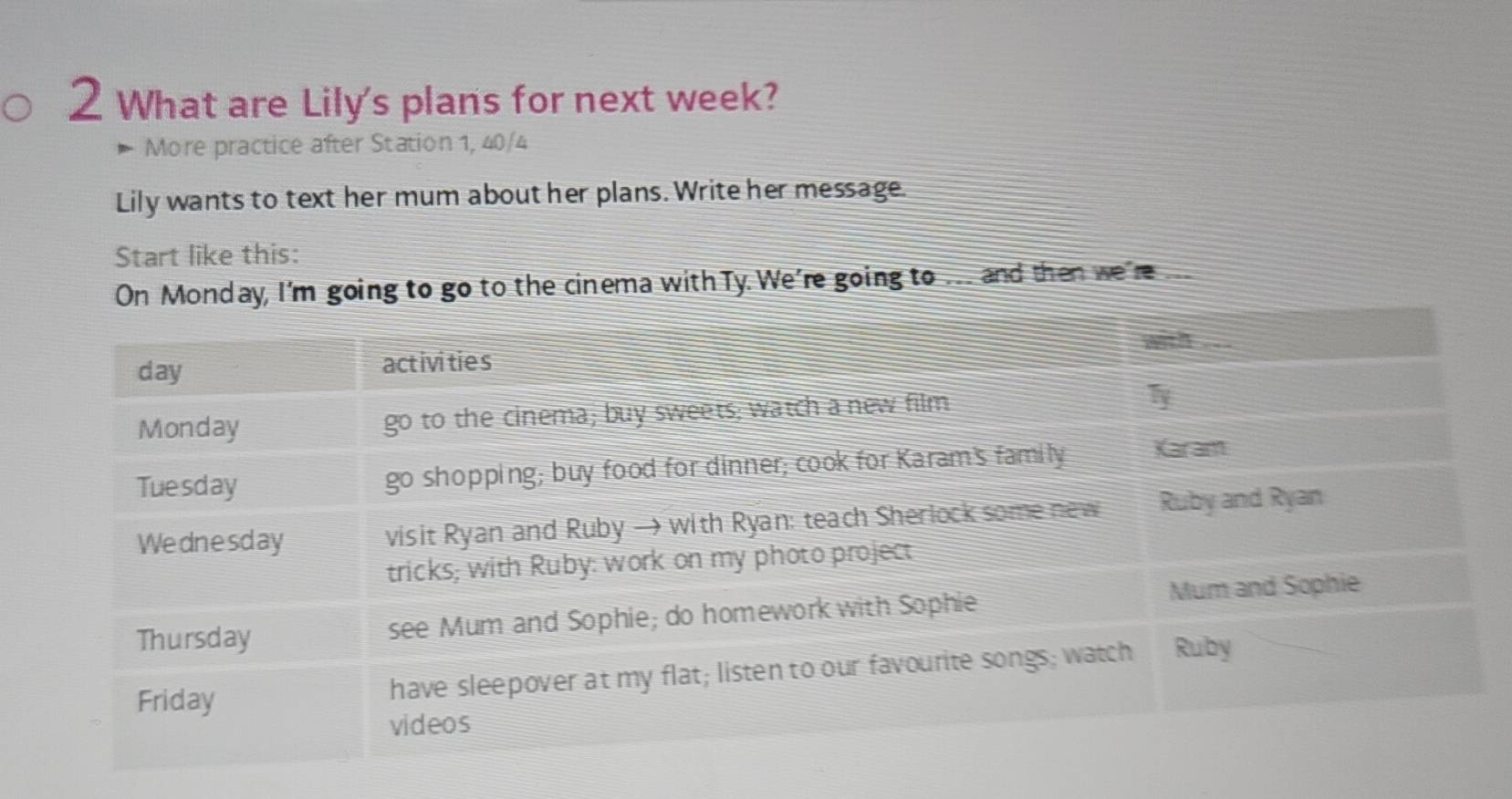 Gelöst:What are Lily's plans for next week? More practice after Station ...