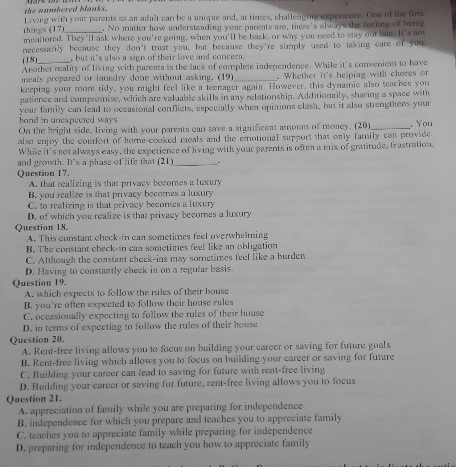 Giải quyết:the numbered blanks. Living with your parents as an adult ...