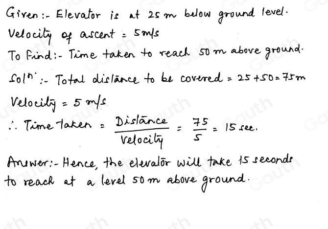 Solved: An elevator is 25 m below the ground level and it ascends at ...