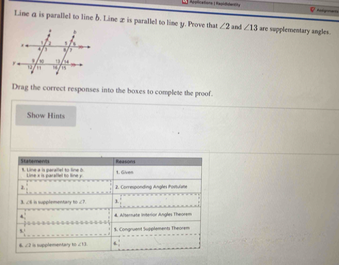 Solved: Applications | Rapididentity Assignments Line a is parallel to line b. Line x is ...