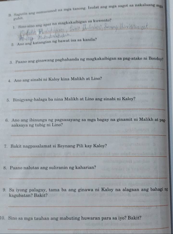 Solved: Sagutin ang sumusuned na mga tanong. Isulat ang mga sagot sa ...