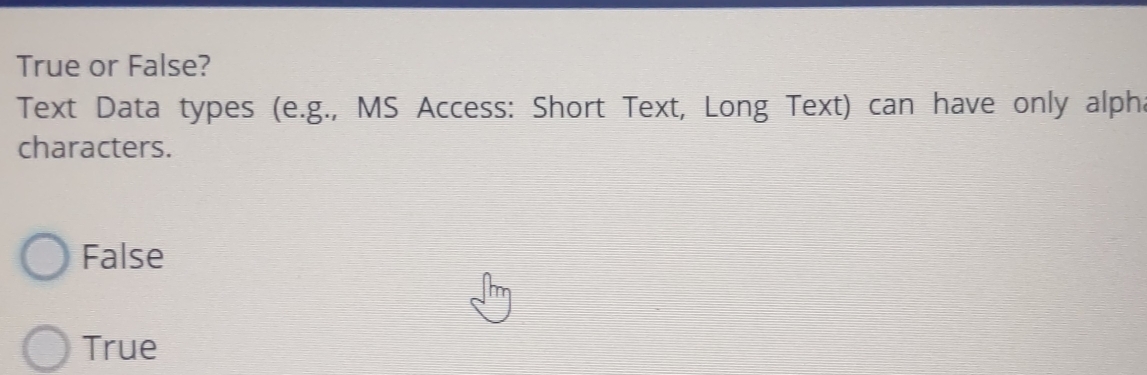 Solved: True or False? Text Data types (e.g., MS Access: Short Text ...
