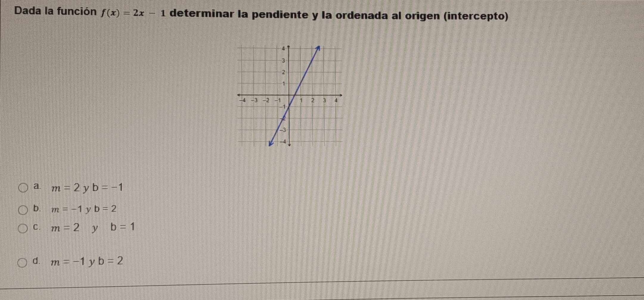 Resuelto:Dada la función f(x)=2x-1 determinar la pendiente y la ...