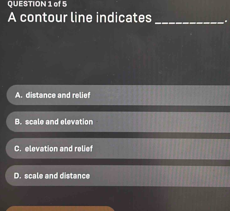 Solved: A contour line indicates_ . A. distance and relief B. scale and ...