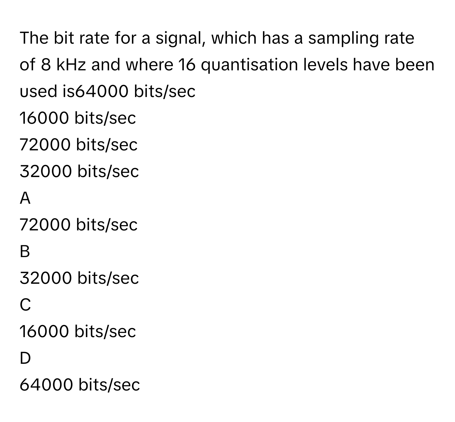Solved: The bit rate for a signal, which has a sampling rate of 8 kHz ...