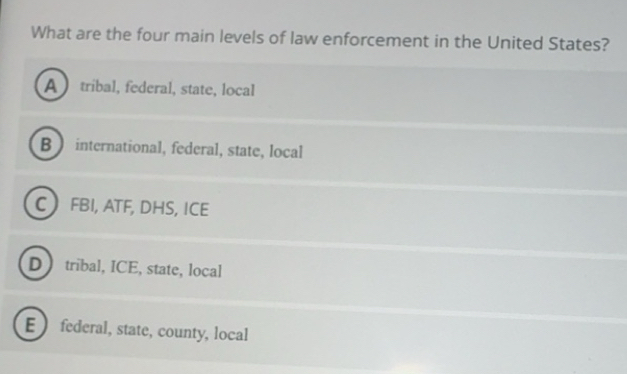 Solved: What are the four main levels of law enforcement in the United ...