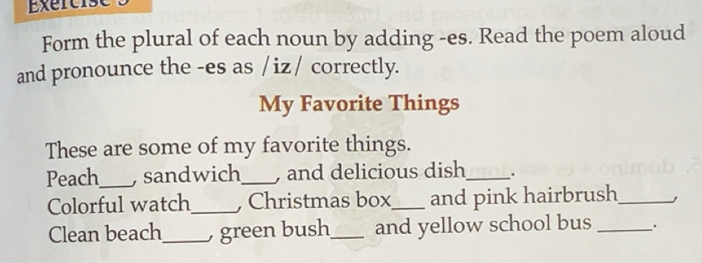 Solved: Exercise Form the plural of each noun by adding -es. Read the ...