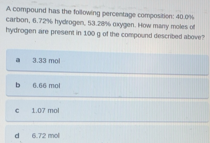 Solved: A compound has the following percentage composition: 40.0% ...