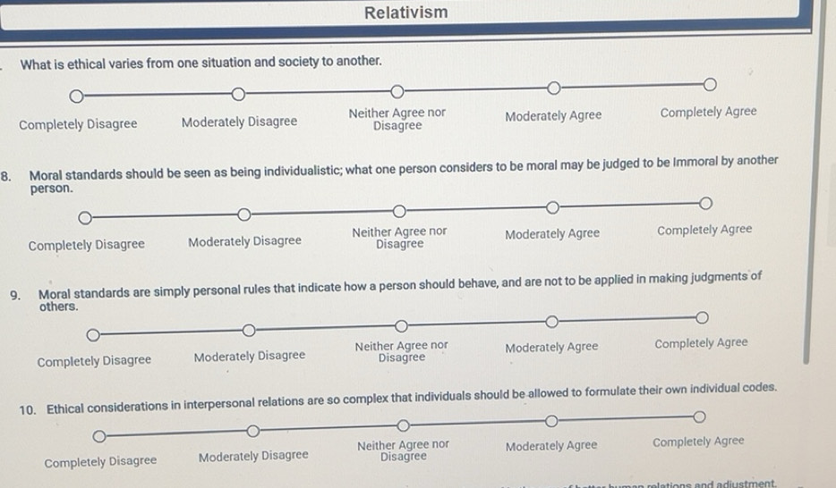 Solved: Relativism What is ethical varies from one situation and ...