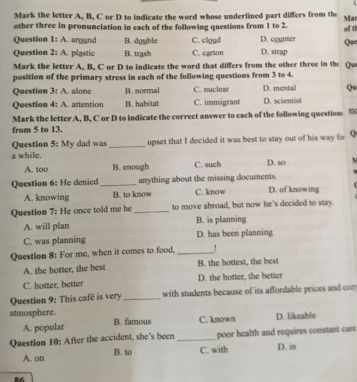 Solved: Mark the letter A, B, C or D to indicate the word whose ...