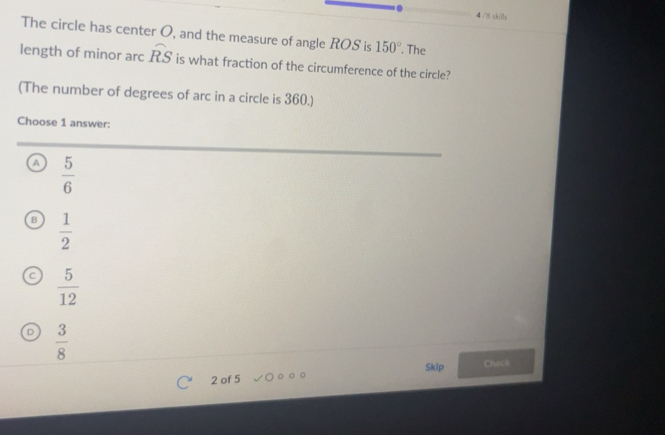 Solved: 4 /8 skills The circle has center O, and the measure of angle ...