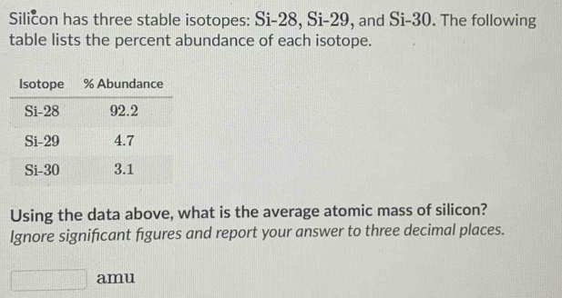 Solved: Silicon has three stable isotopes: Si-28, Si-29, and Si-30. The following table lists ...