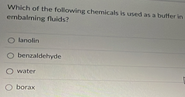 Solved: Which of the following chemicals is used as a buffer in ...