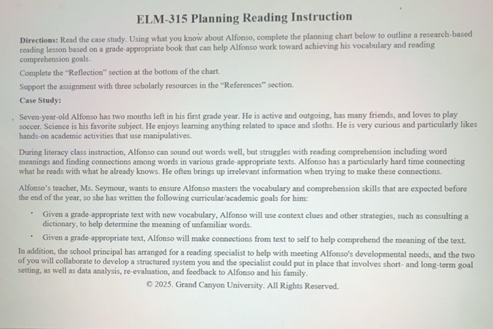 Solved: ELM-315 Planning Reading Instruction Directions: Read the case ...