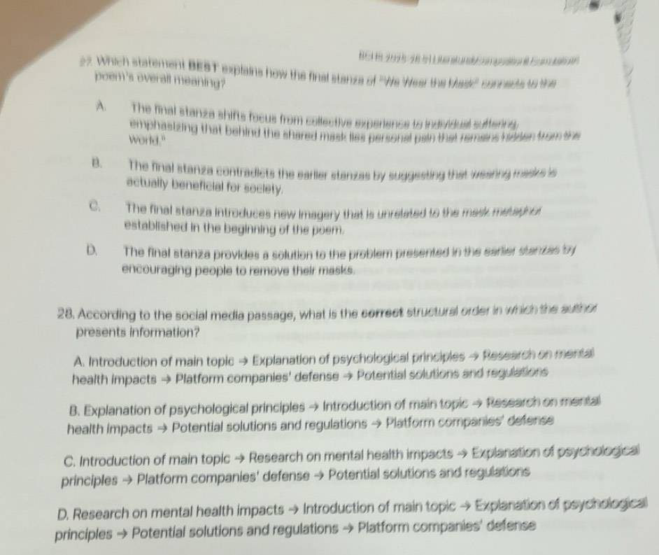 Solved: BC 2895 8 22 Which statement BEST explains how the final stanze ...