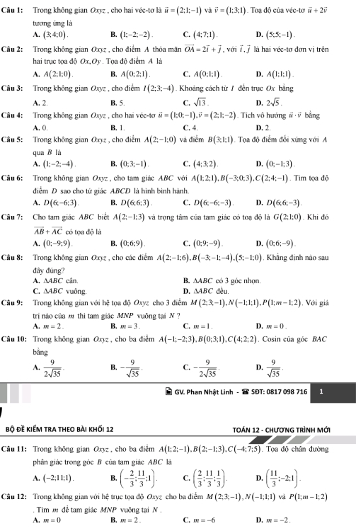 Giải quyết:Trong không gian Oxyz , cho hai véc-tơ là vector u=(2;1;-1) và vector v=(1:3:1) Toa ...