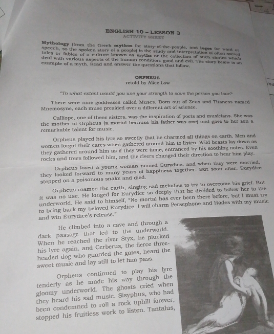 Solved: ENGLISH 10 - LESSON 3 ACTIVITY SHEET Mythology (from the Greck ...