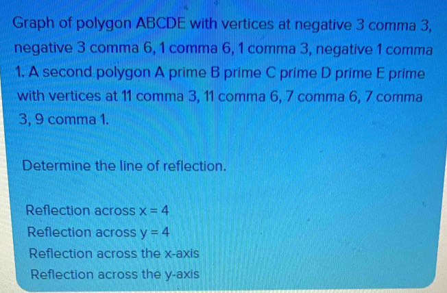 Solved: Graph of polygon ABCDE with vertices at negative 3 comma 3, negative 3 comma 6, 1 comma ...