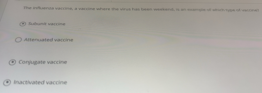 Solved: The influenza vaccine, a vaccine where the virus has been ...