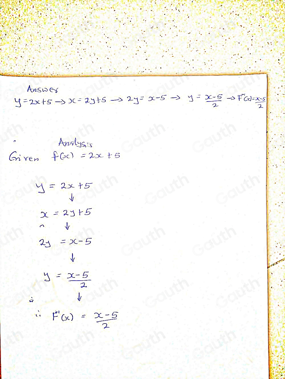 Solved: f(x)=2x+5 Place the steps for finding f^(-1)(x) in the correct ...