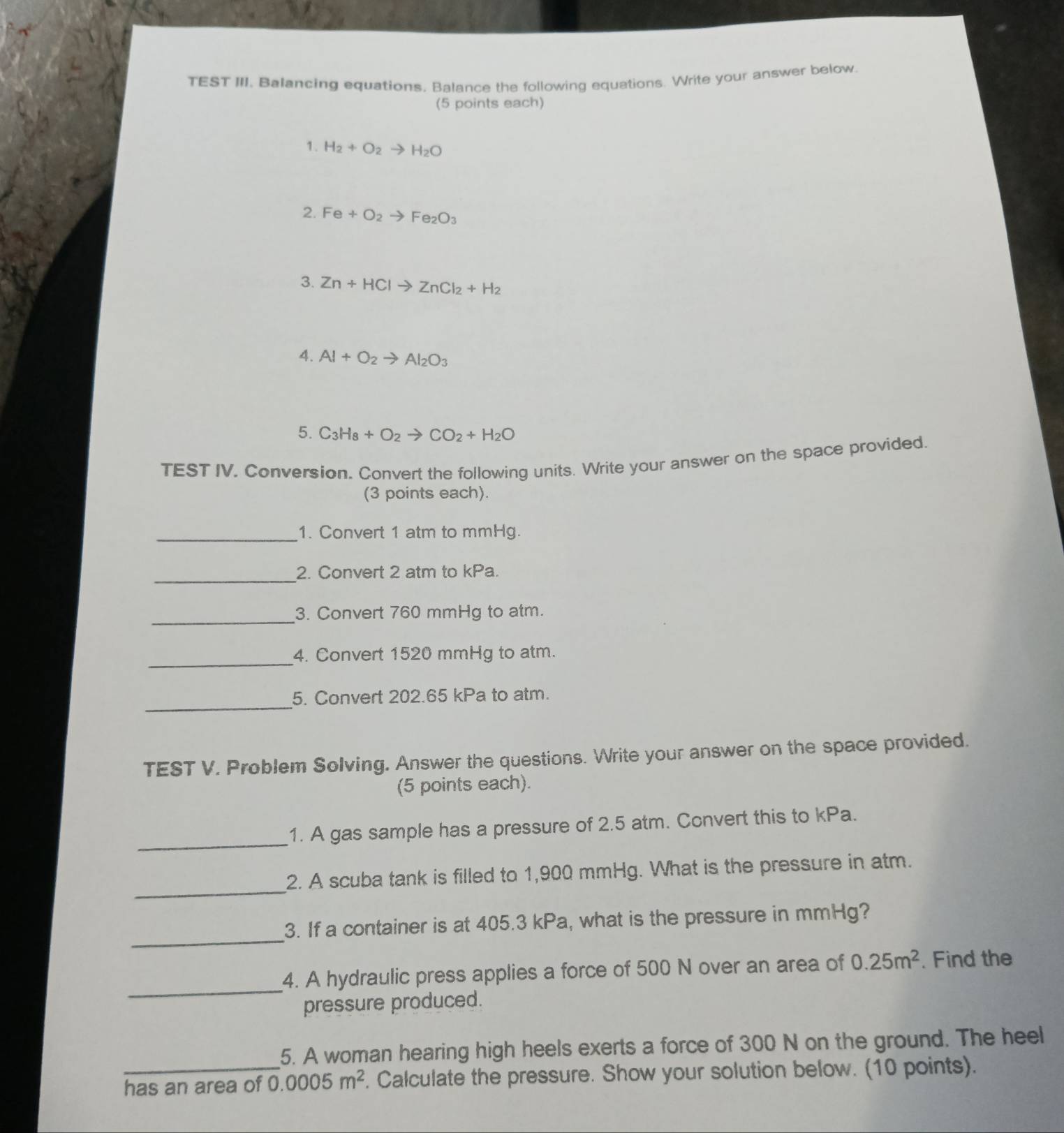 Solved: TEST III, Balancing equations. Balance the following equations ...