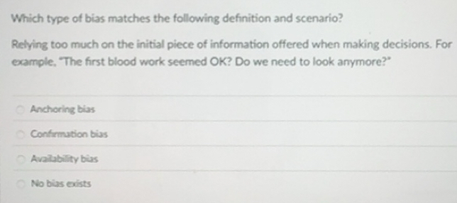 Solved: Which type of bias matches the following definition and ...