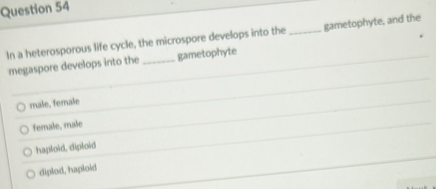 Solved: In a heterosporous life cycle, the microspore develops into the ...