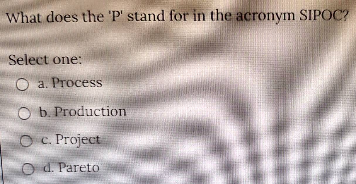 Solved: What does the 'P' stand for in the acronym SIPOC? Select one: a ...