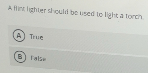 Solved: A flint lighter should be used to light a torch. ATrue B False ...