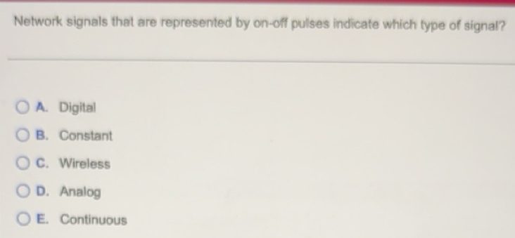 Solved: Network signals that are represented by on-off pulses indicate ...