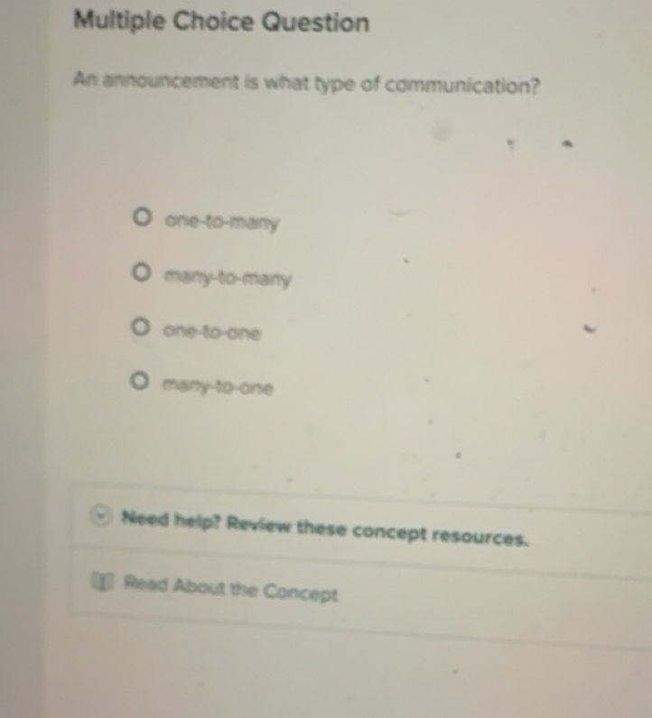 Solved: Question An announcement is what type of communication? one-to ...