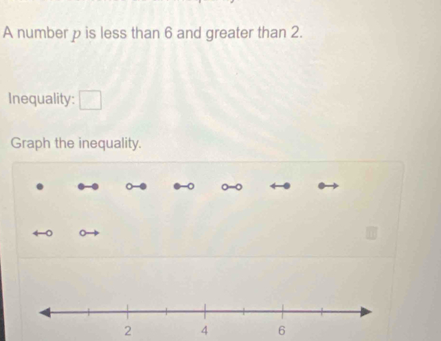 Solved: A number p is less than 6 and greater than 2. Inequality: Graph the inequality. U [Math]
