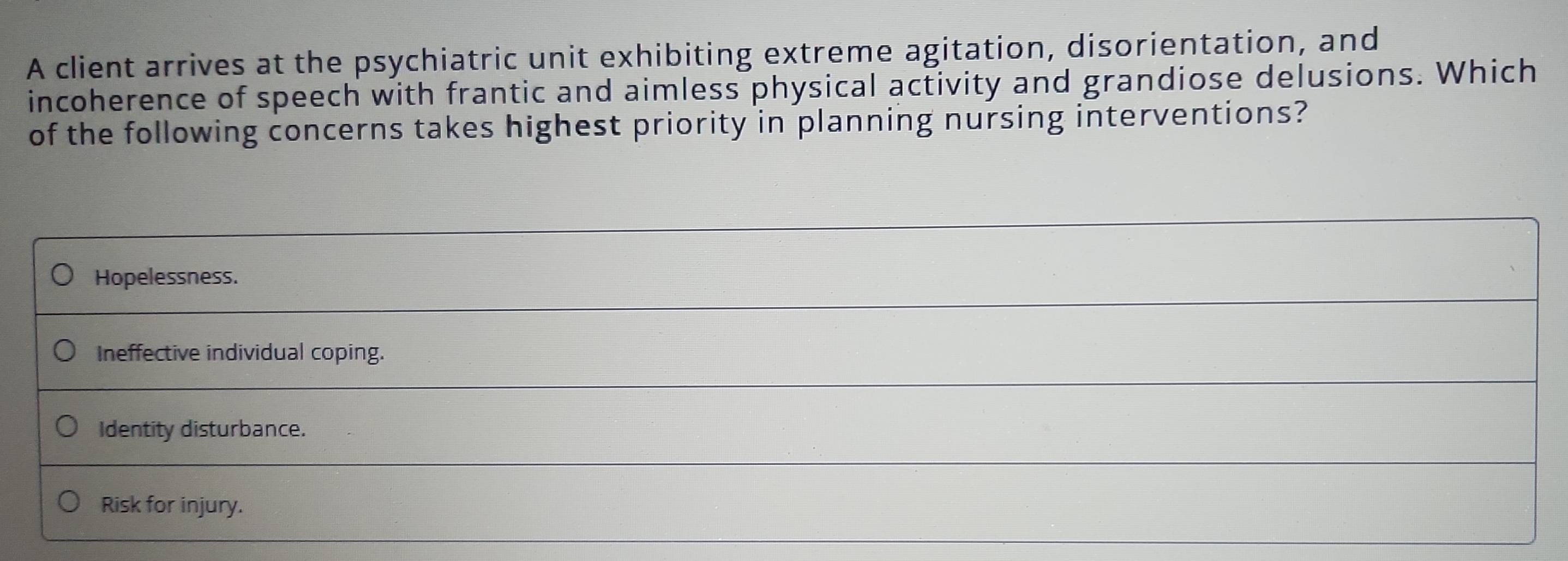 Solved: A client arrives at the psychiatric unit exhibiting extreme ...