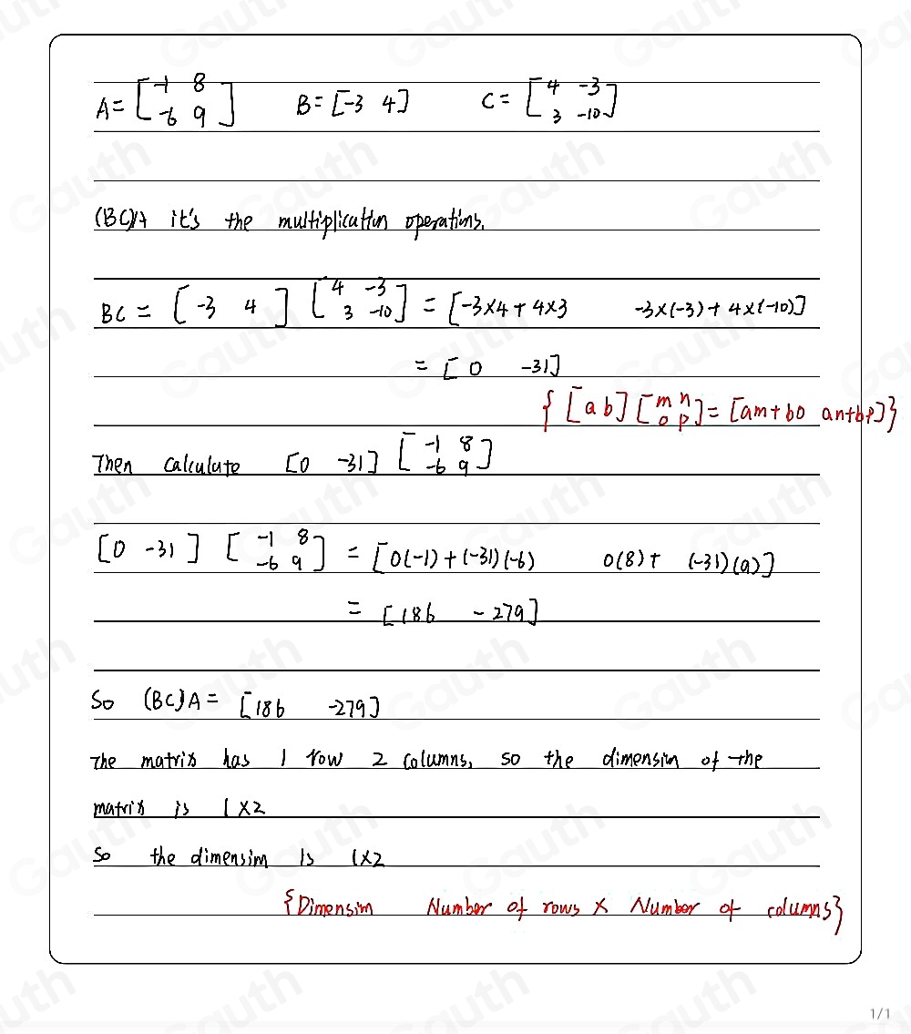 Solved: Given the following matrices, if possible, determine (BC) A ...