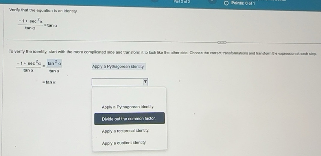 Solved: Verify that the equation is an identity. (-1+sec^2alpha )/tan ...