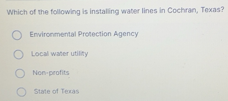 Solved: Which of the following is installing water lines in Cochran ...