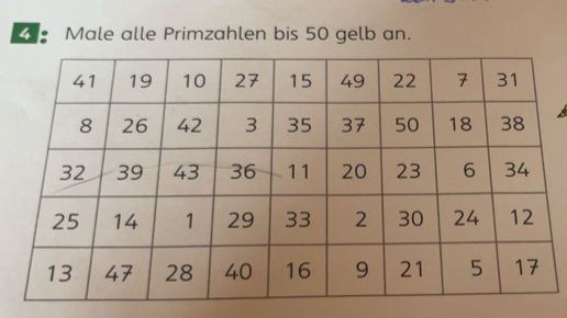 Gelöst:Male alle Primzahlen bis 50 gelb an.