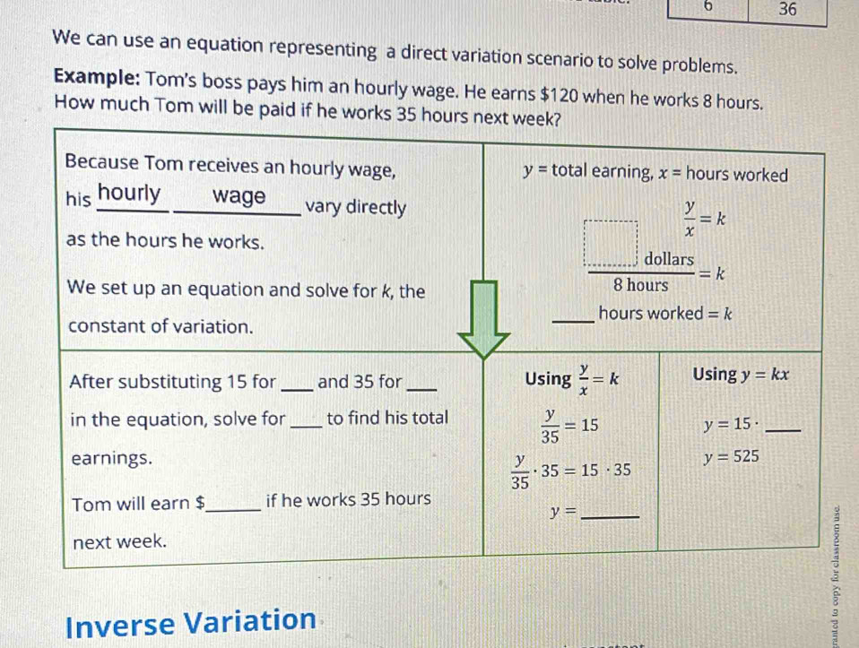 Solved: 6 36 We can use an equation representing a direct variation ...