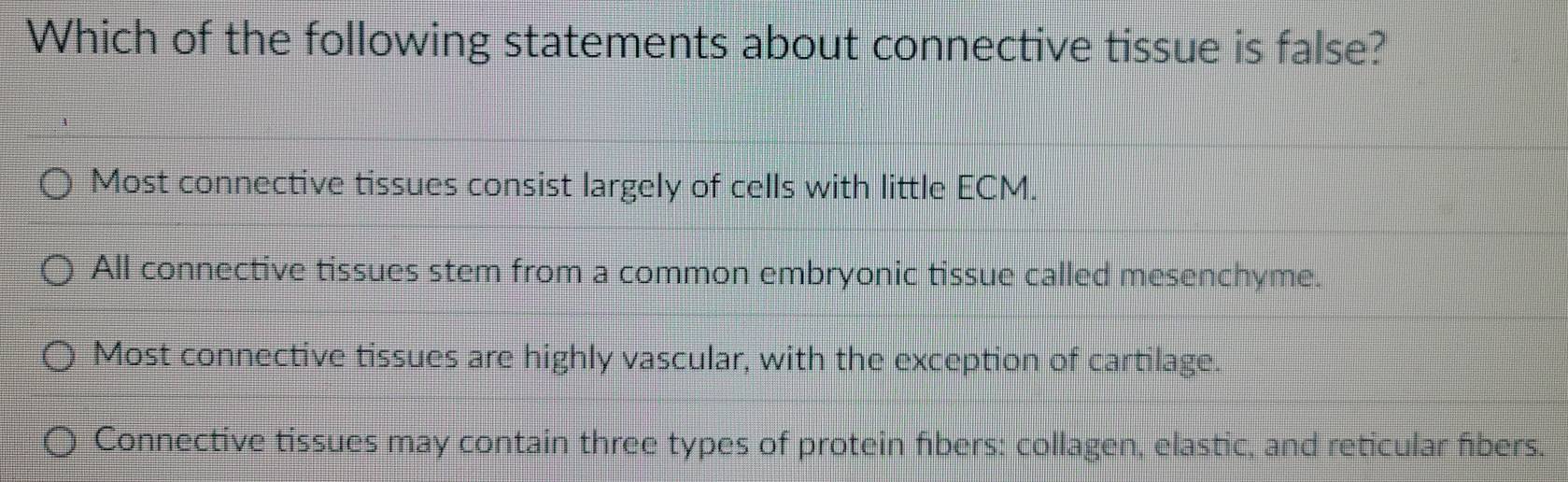 Solved: Which of the following statements about connective tissue is ...
