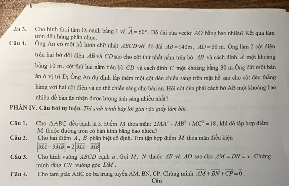 Giải quyết:Cho hình thoi tâm O, cạnh bằng 1 và widehat A=60°. Độ dài ...