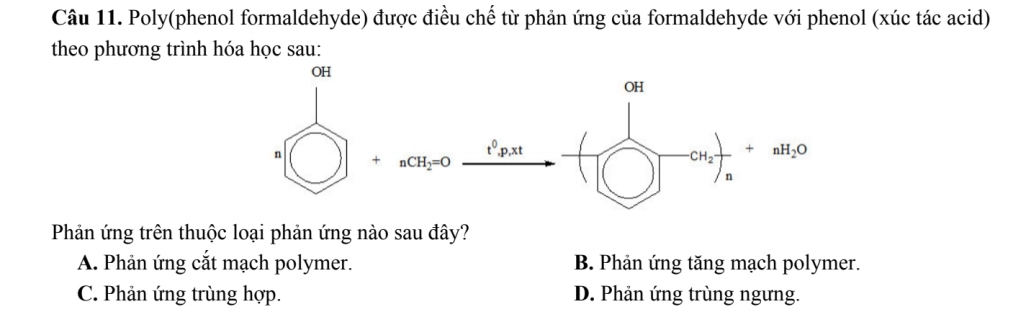 Giải quyết:Poly(phenol formaldehyde) được điều chế từ phản ứng của ...