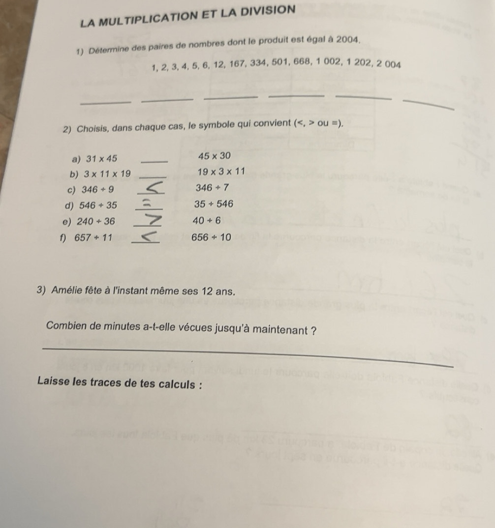 Solved: LA MULTIPLICATION ET LA DIVISION 1) Détermine des paires de ...