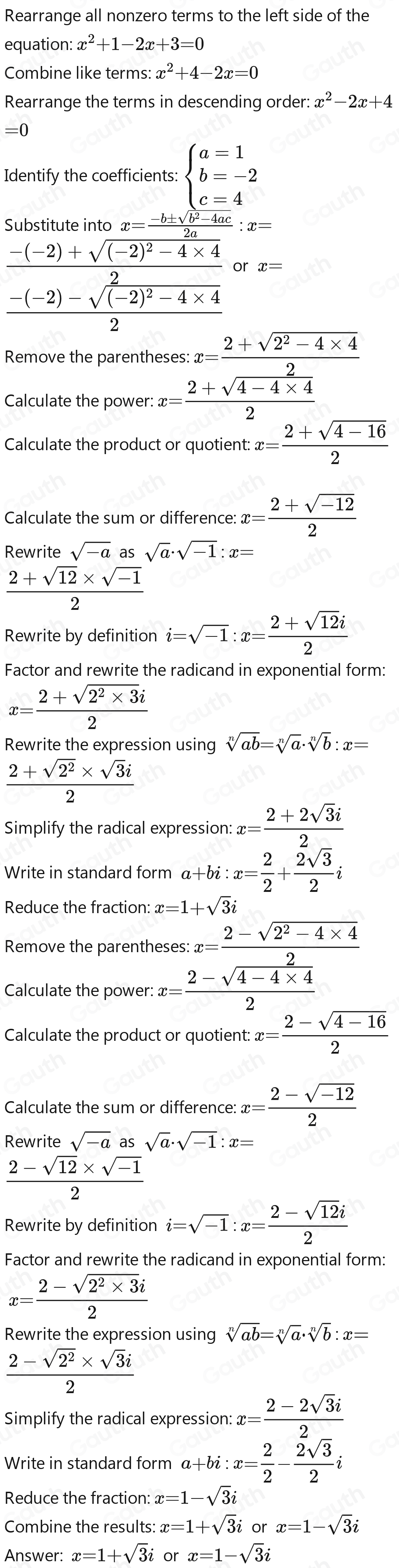 Solved: Consider this quadratic equation. x^2+1=2x-3 Which expression ...